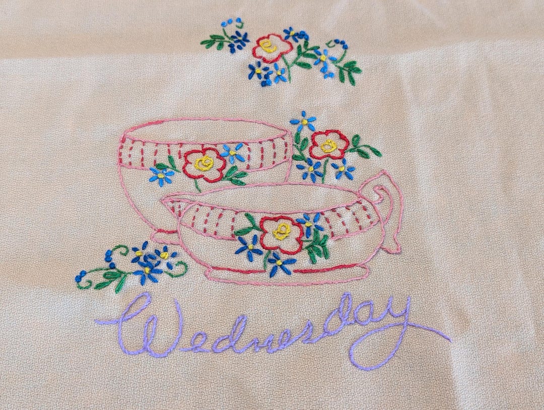 Vintage Embroidered Hand Towel Wednesday Tea Cups Floral Kitchen Towel ...