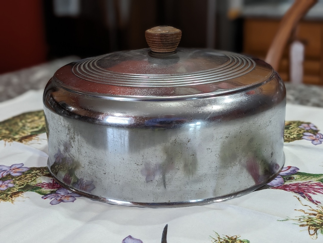 Vintage Silver Metal Domed Cake Cover, Wood Knob, MCM Cake Cover, Retro ...