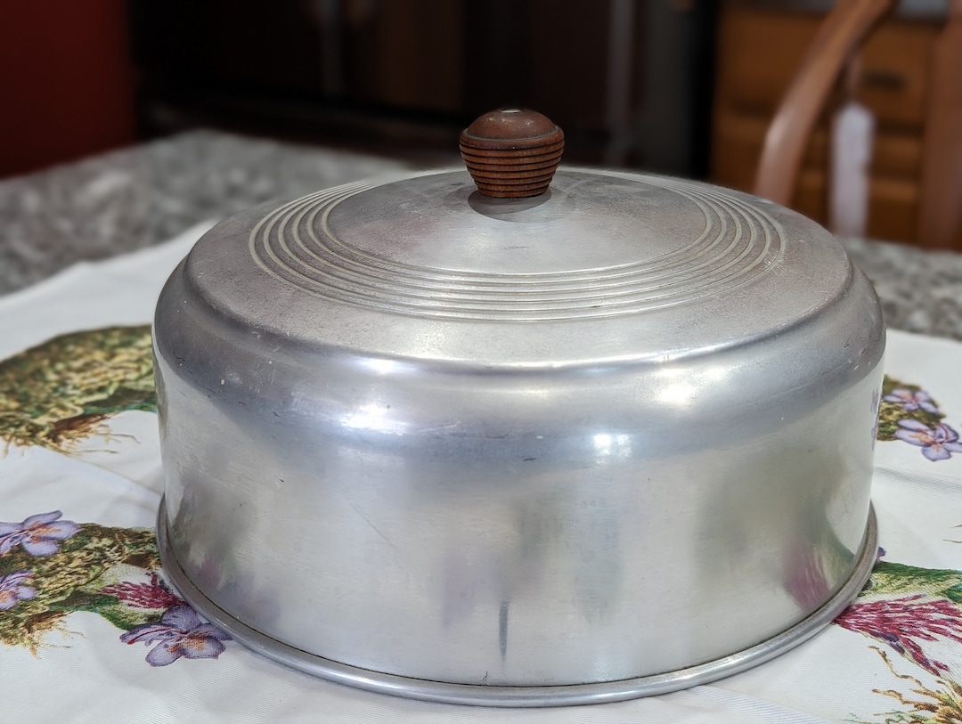 Vintage Silver Aluminum Domed Cake Cover, Wood Knob, MCM Cake Cover ...