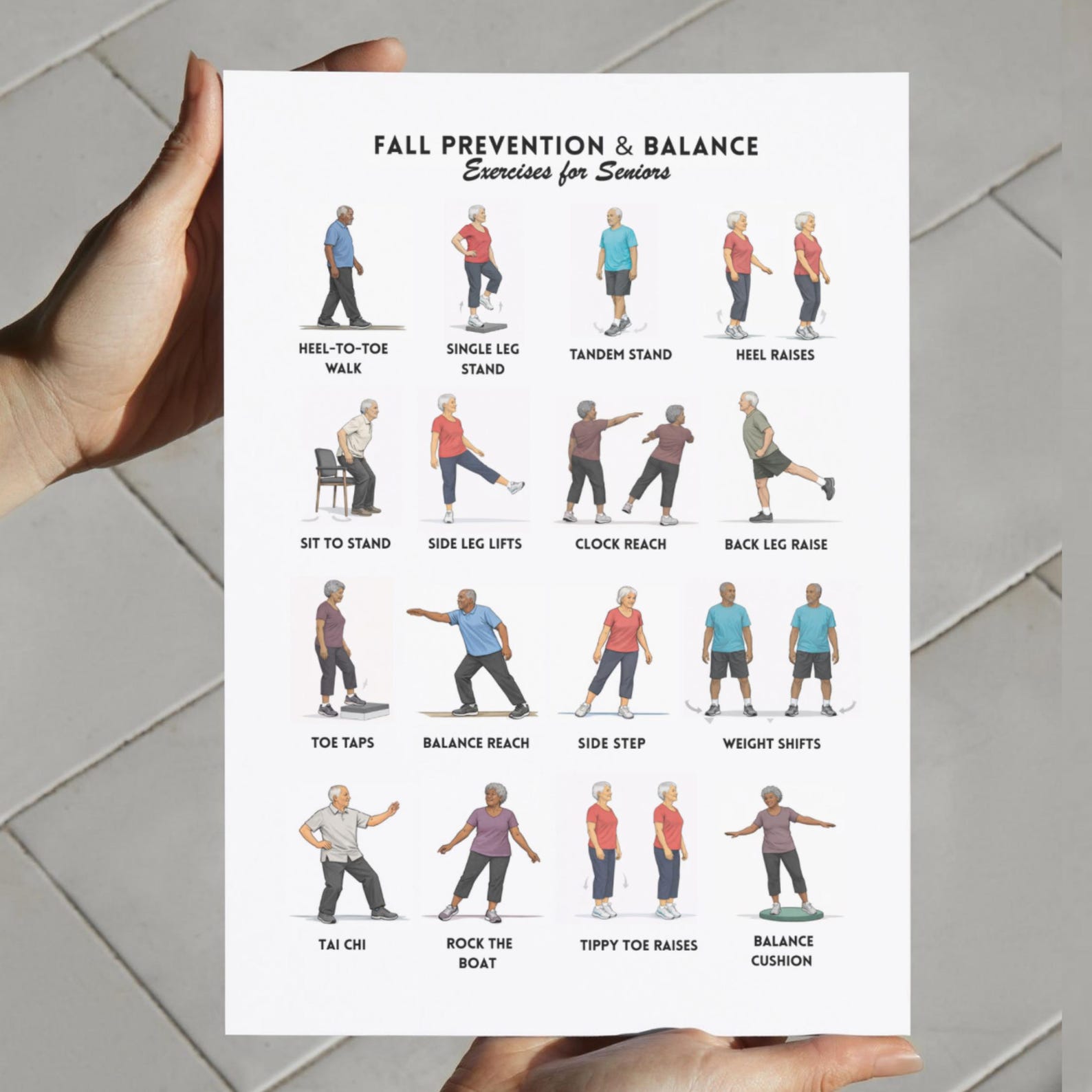 Fall Prevention Balance Exercises for Seniors Poster | 16 Easy ...