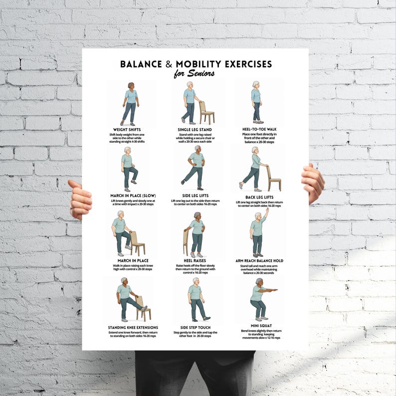 Fall Prevention & Balance Exercises for Seniors Poster, Easy Mobility ...