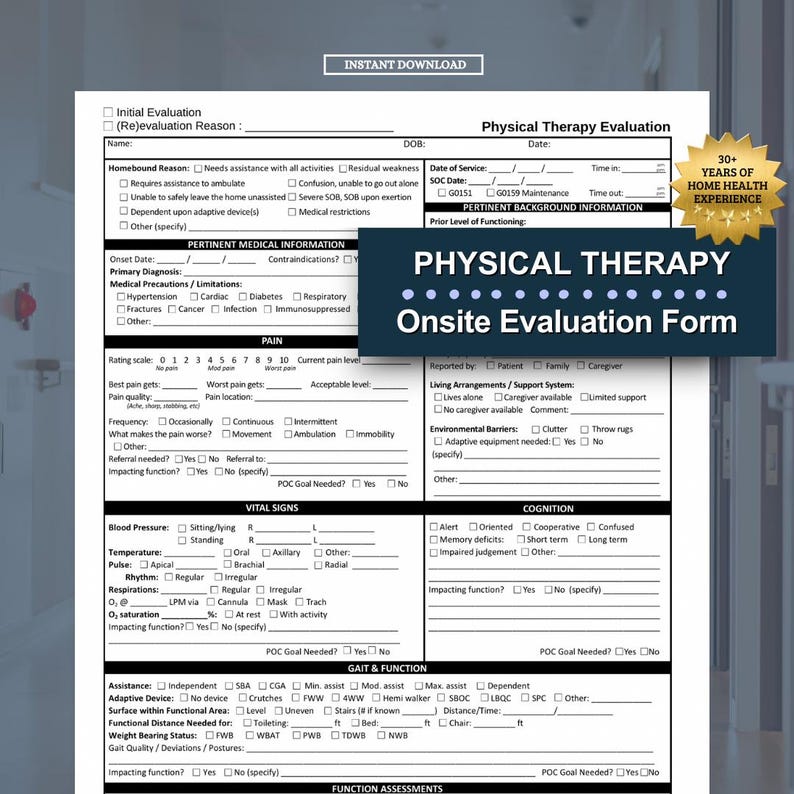 Physical Therapy Evaluation Form: PT Home Visit Template, Physical Therapist Session Note (PDF ...