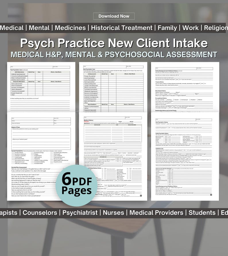Mental Health Practice Intake Form, Psych Diagnostic Questions ...