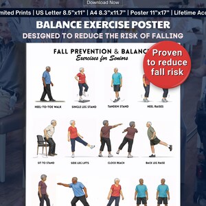 Fall Prevention Balance Exercises for Seniors Poster | 16 Easy ...