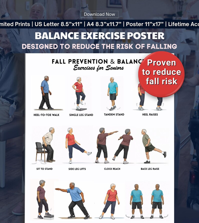 Fall Prevention Balance Exercises for Seniors Poster | 16 Easy ...