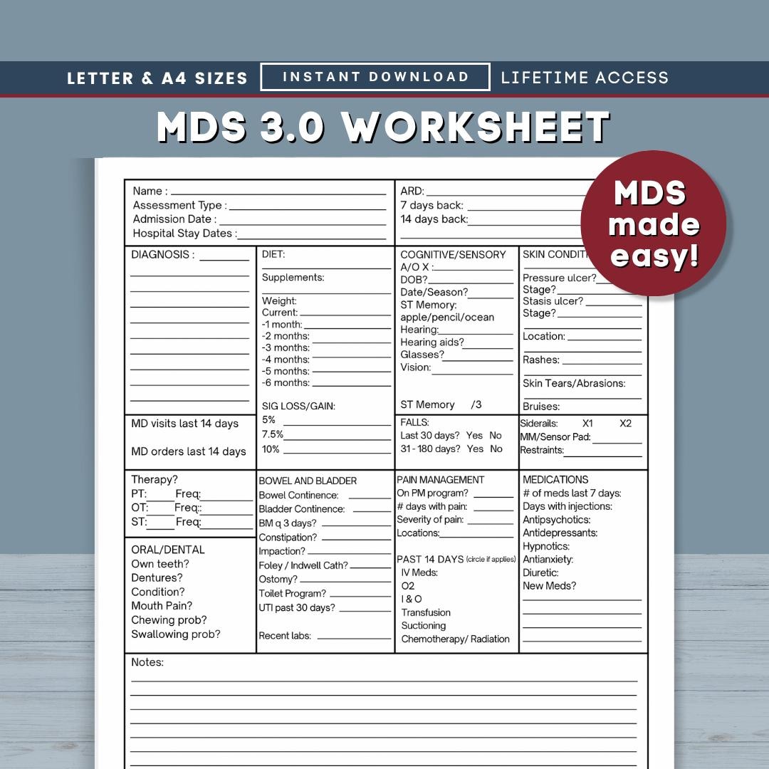 MDS Assessment Worksheet, Nursing Home Reference Tool (printable PDF ...