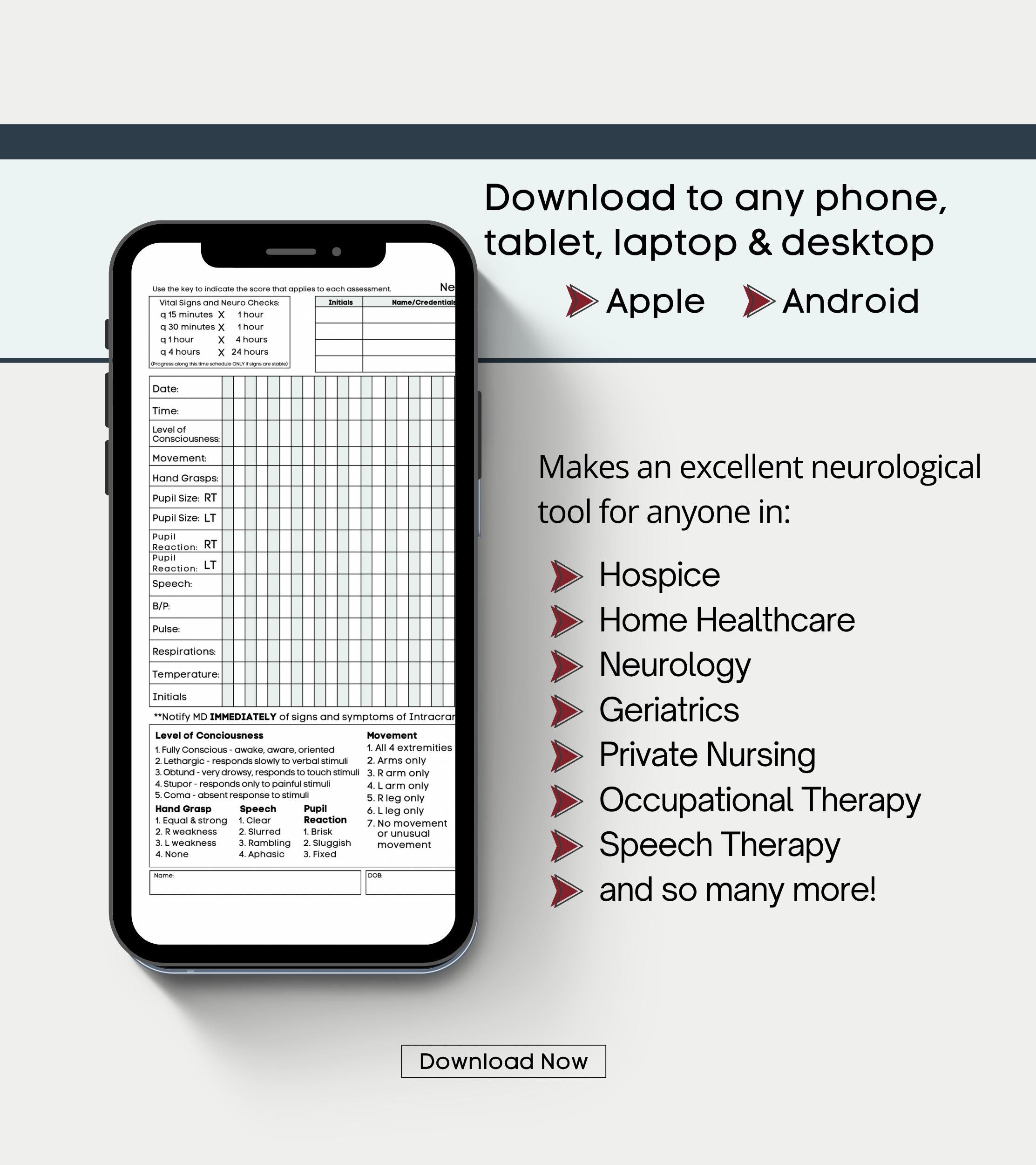 Neurological Assessment Neuro-checks Flow Sheet - Home Health and ...
