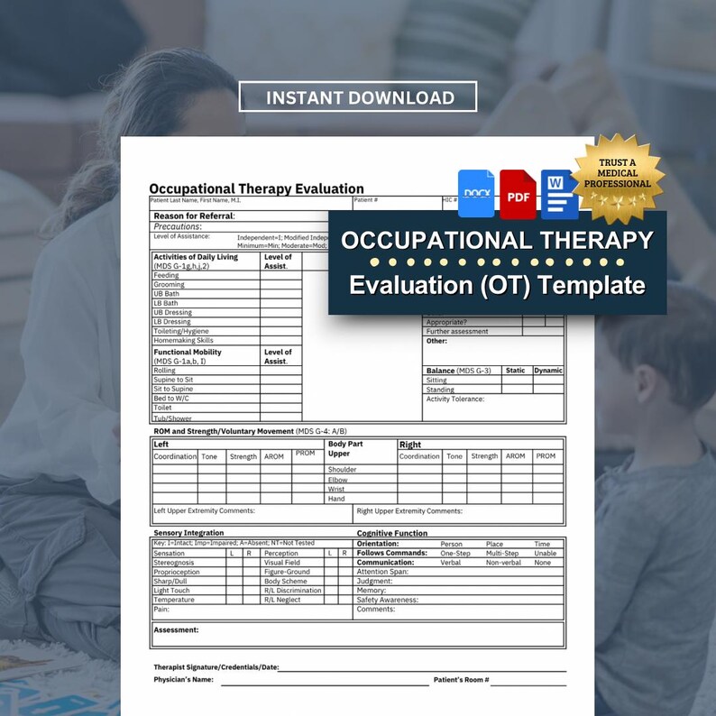 Occupational Therapy Evaluation Form, OT Home Visit Note, Occupational Therapist Eval Template ...