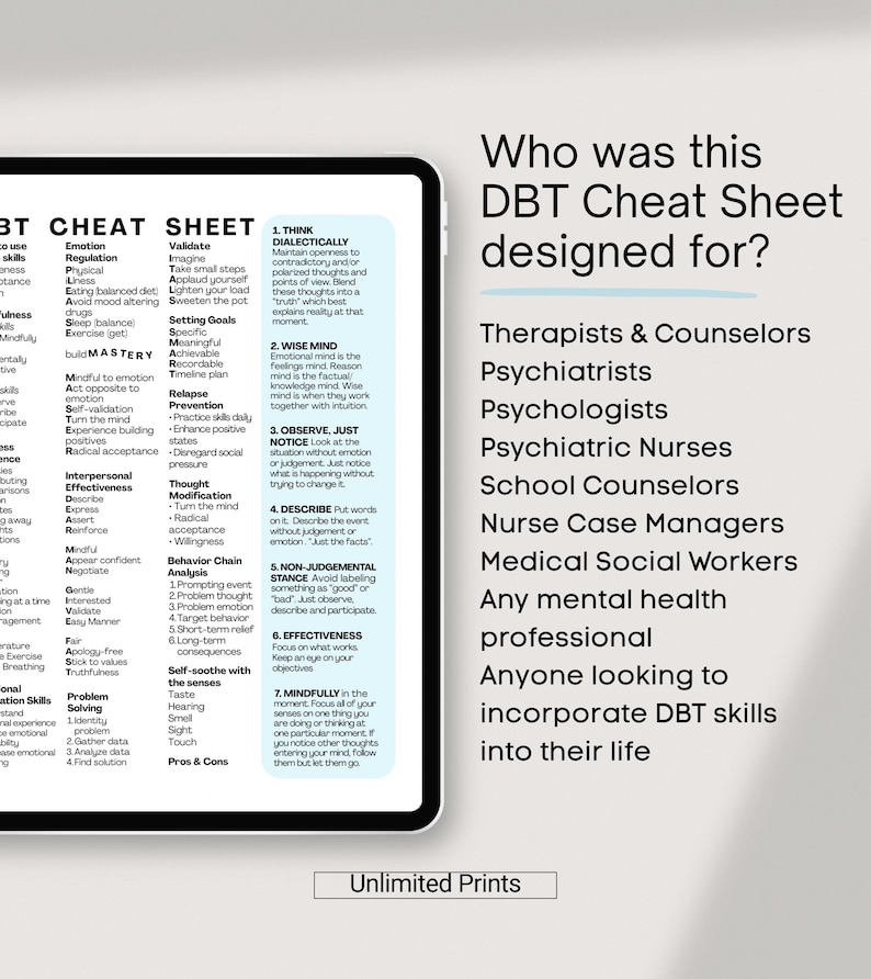 DBT Cheat Sheets, Dialectical Behavior Therapy Worksheet, Therapist ...