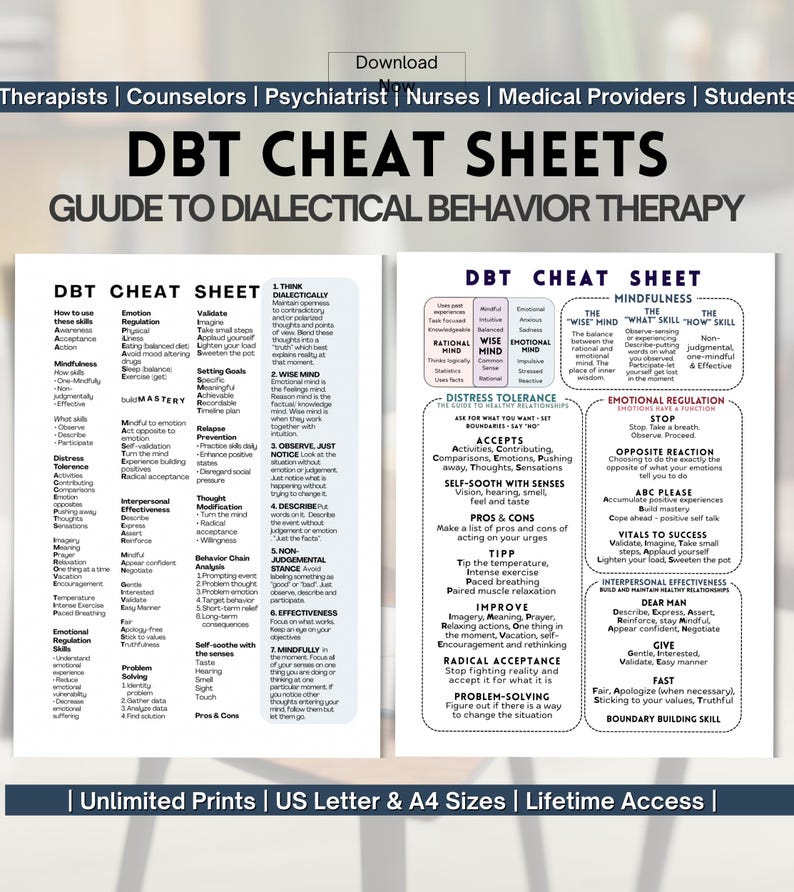 DBT Cheat Sheets, DBT Therapy Worksheets, Skills Handout, Therapy ...