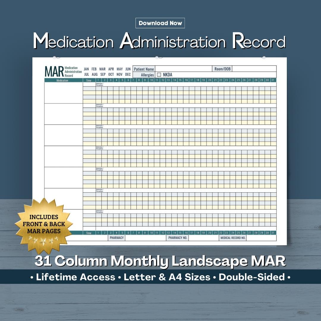 Printable Medication Administration Record (MAR): Monthly Medicine ...