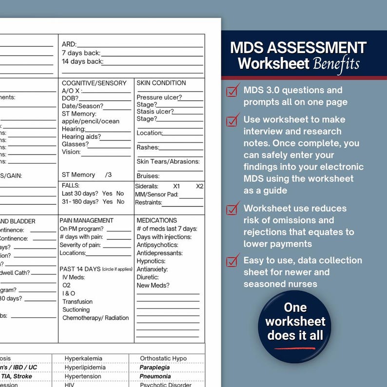 MDS 3.0 One-page Worksheet | Complete MDS Assessment Notes Sheet ...