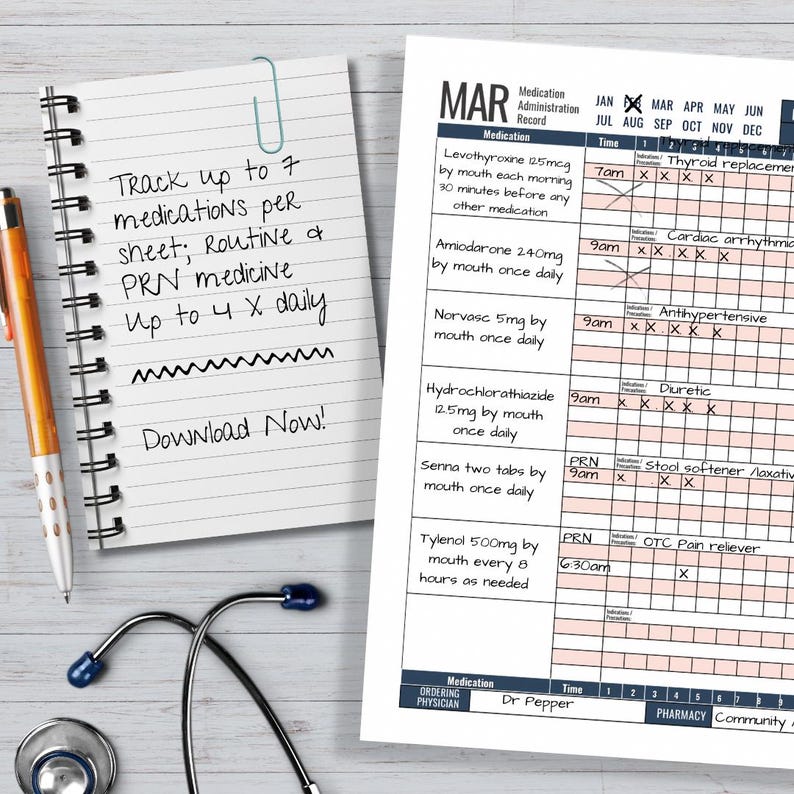 Medication Administration Record MAR Monthly, Medicine Tracker, Blank ...