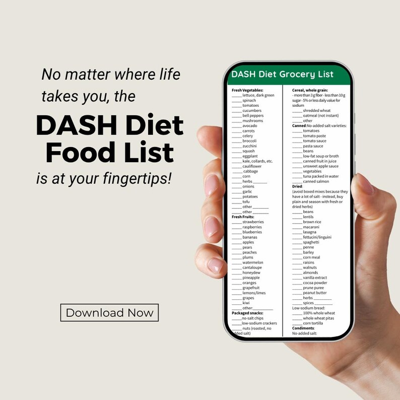 DASH Diet Grocery List: Low Sodium Printable Food Chart to Lower Blood ...