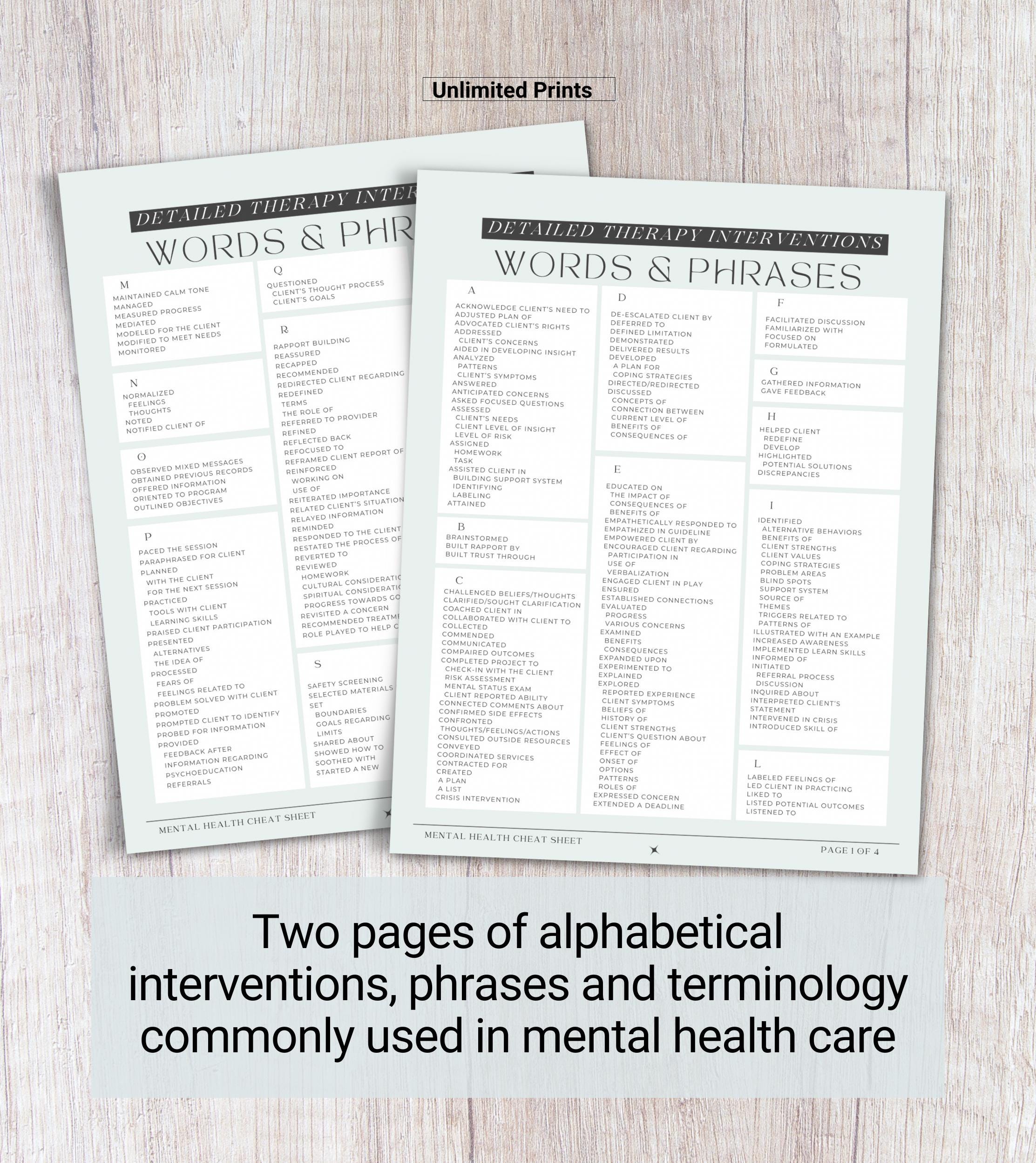 Mental Health Therapy Cheat Sheet - Words, Phrases, Treatments ...