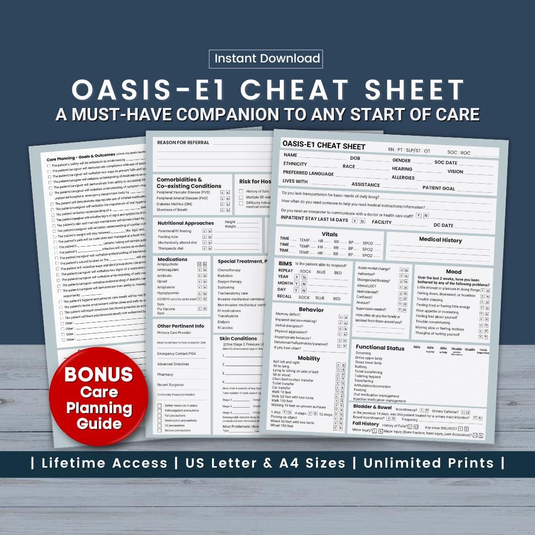 2025 OASIS E1 Cheat Sheet, Home Health Nurse Start of Care (PDF) - Etsy