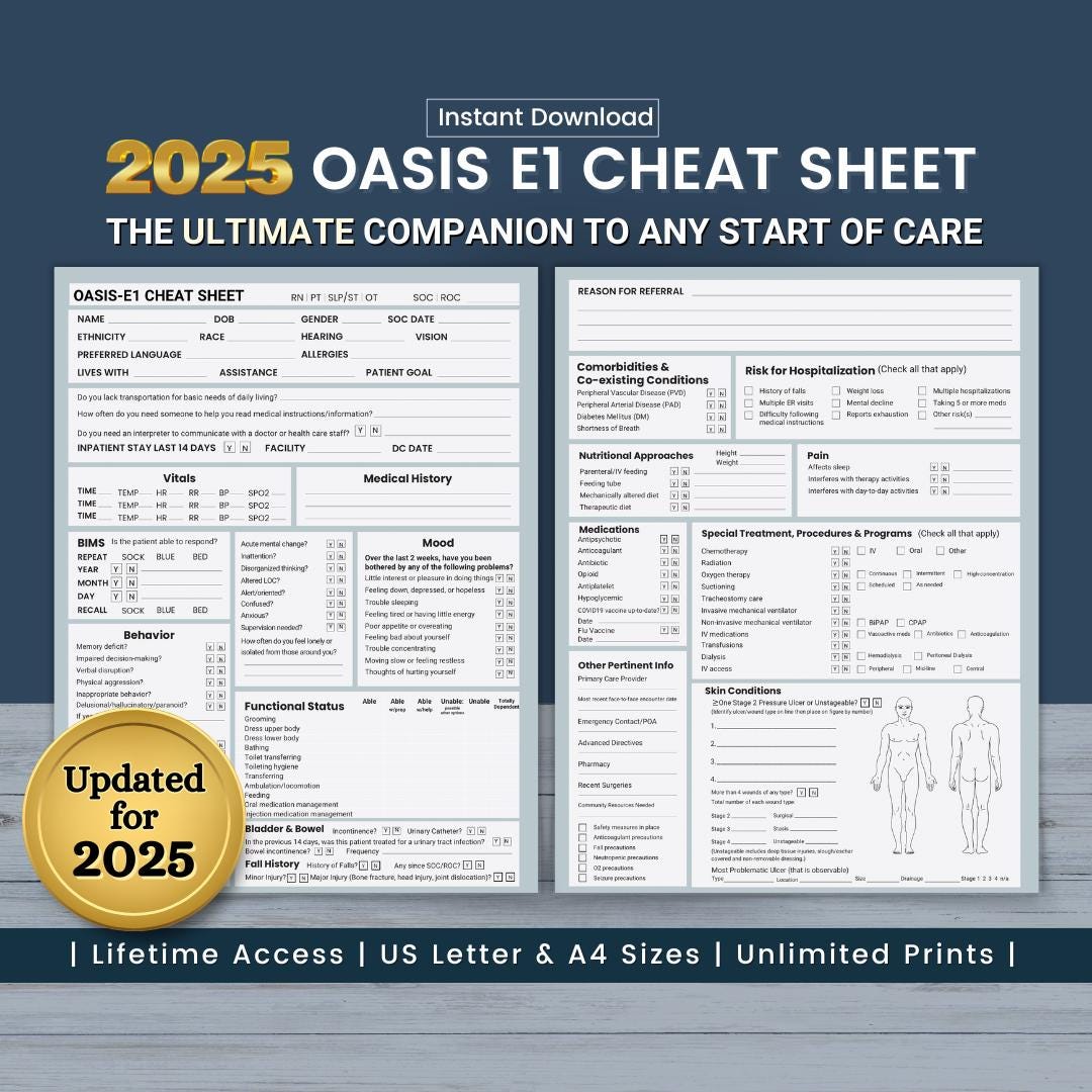 Home Health Nurse OASIS E1 Cheat Sheet, OASIS-E1 Start of Care Guide ...