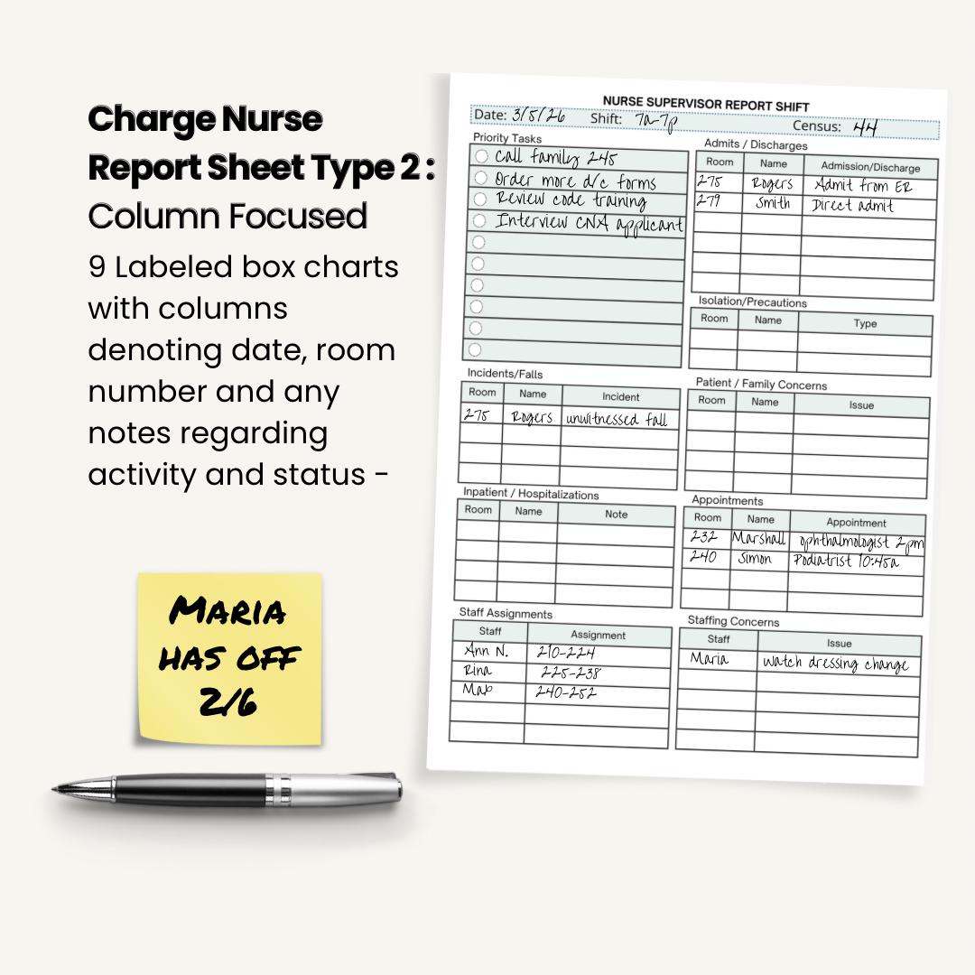 Charge Nurse Daily Report, Nursing Supervisor Brain Sheet Report, Nurse ...