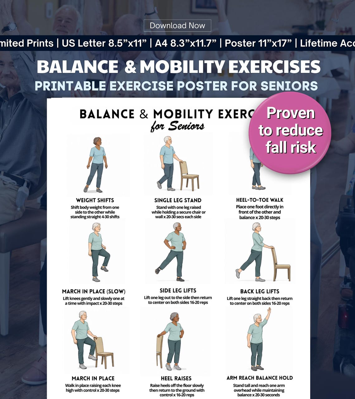 Fall Prevention & Balance Exercises for Seniors Poster, Easy Mobility ...