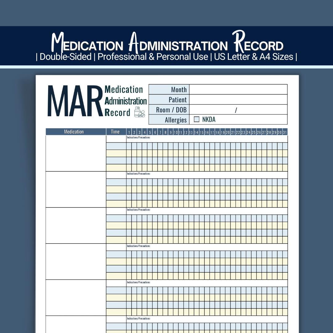 Monthly Medication Administration Record (MAR) | Printable Medicine Log ...