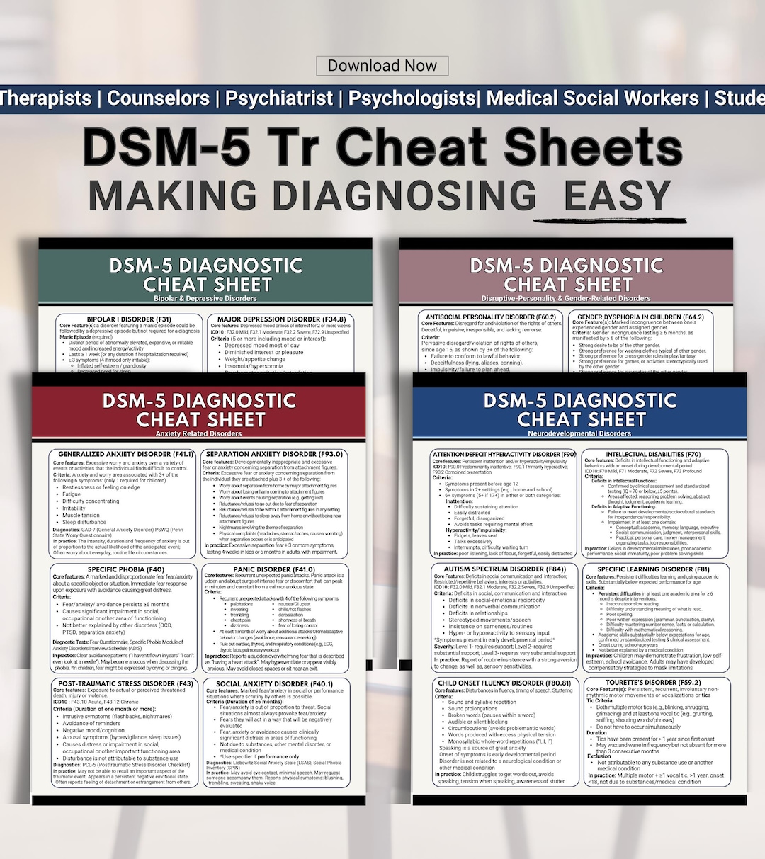 DSM 5 Cheat Sheets, Printable Diagnostic Criteria Quick Guide to Mental ...