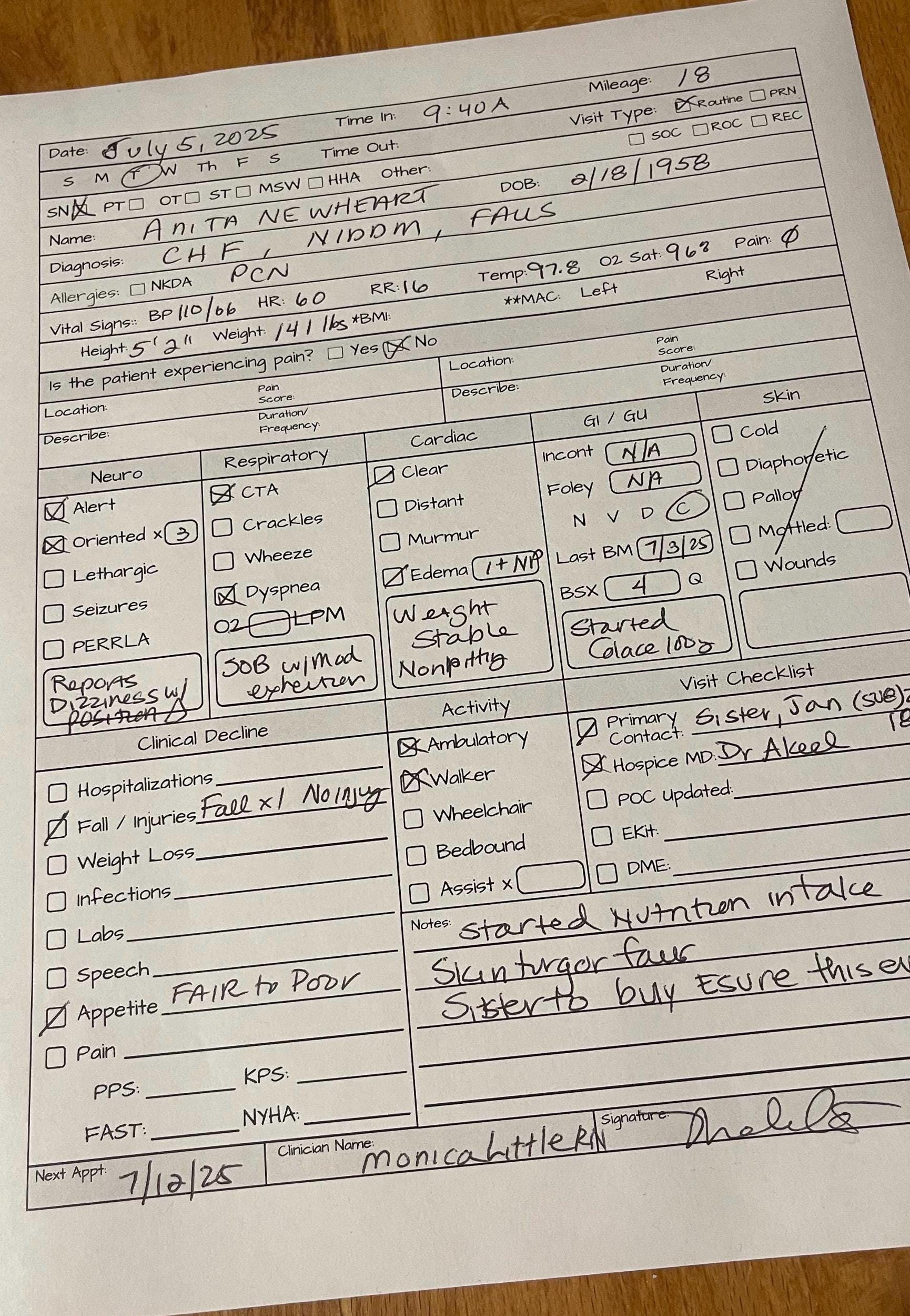Home Health Nurse Home Visit, Hospice Nurse Visit Form, Palliative Care ...