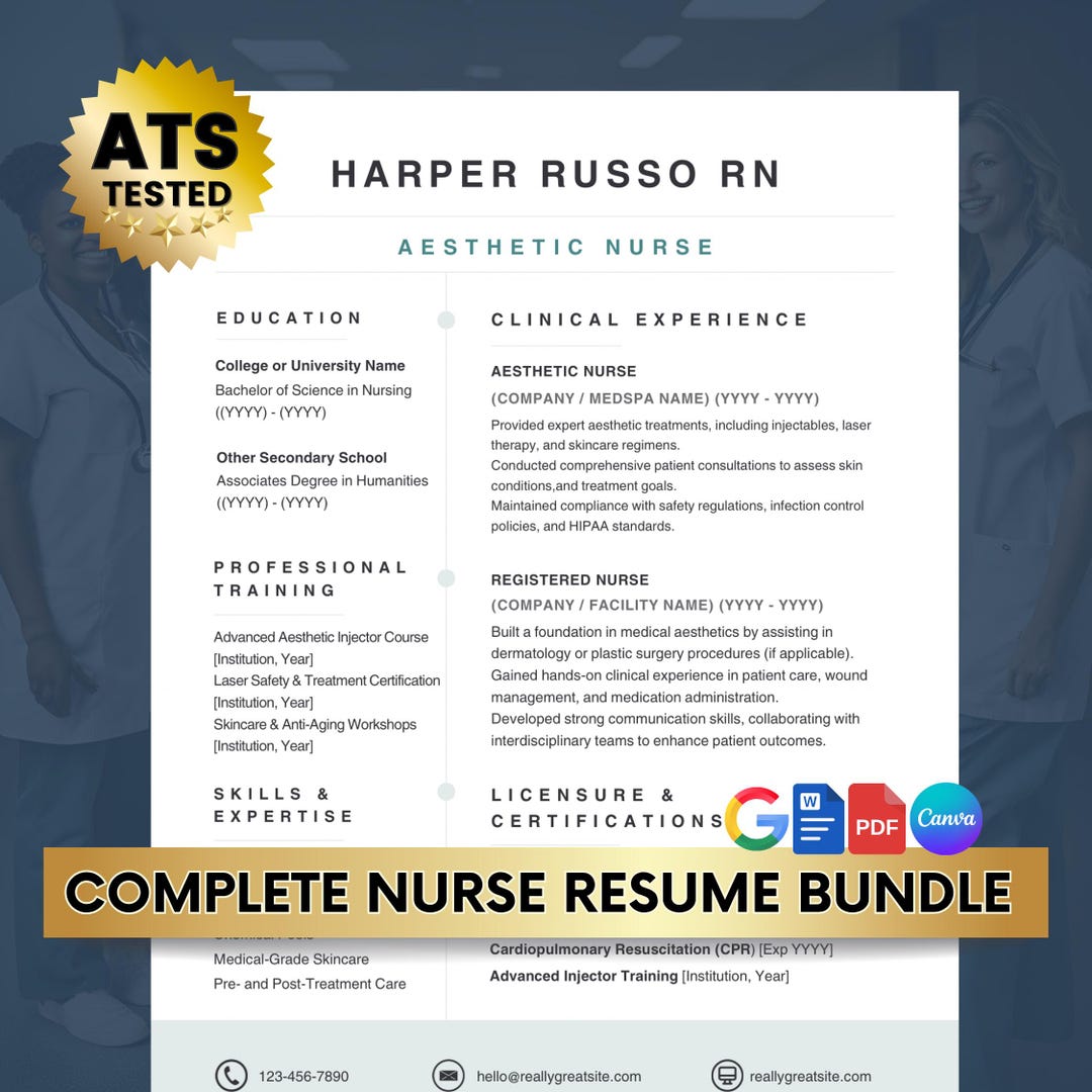 ATS Tested Nurse Resume Bundle, RN Templates, Cover Letter, References ...
