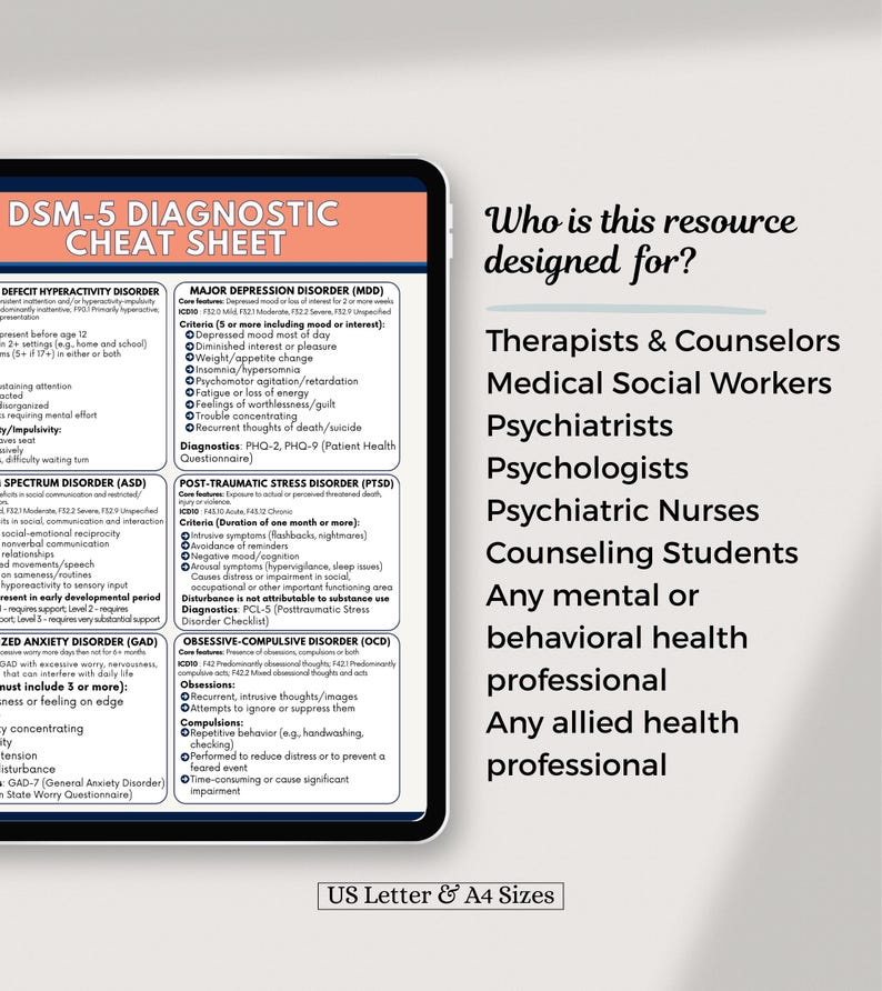 DSM-5 Diagnostic Criteria Cheat Sheet, Mental Health Guide (PDF) - Etsy