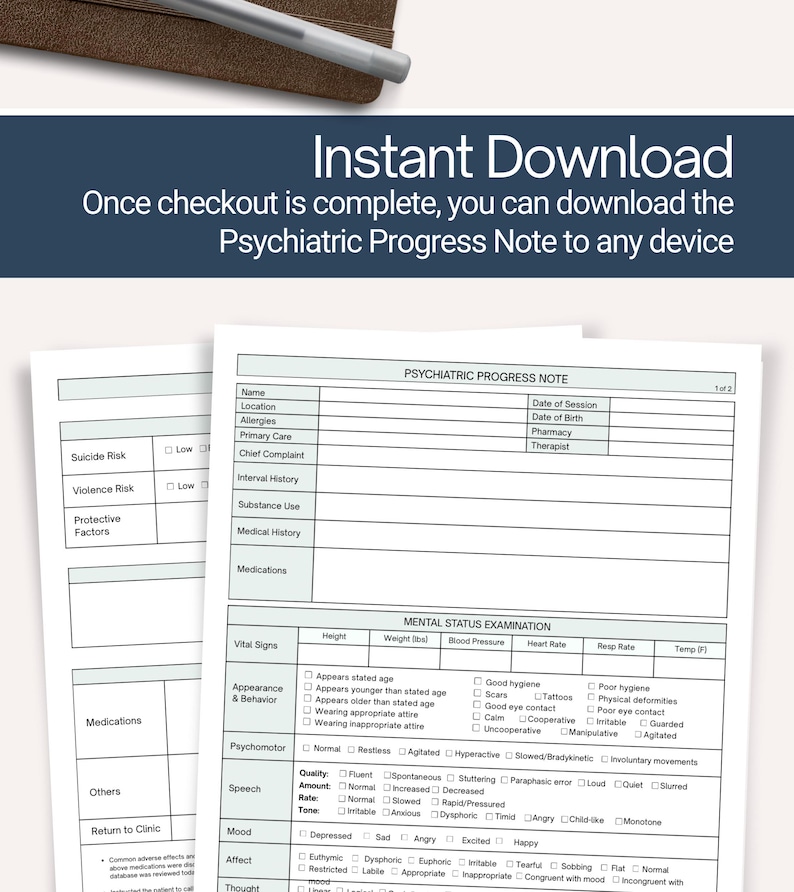 Psychiatric Progress Note, Psychiatry Session Template, Printable Mental Health Visit Form (PDF ...