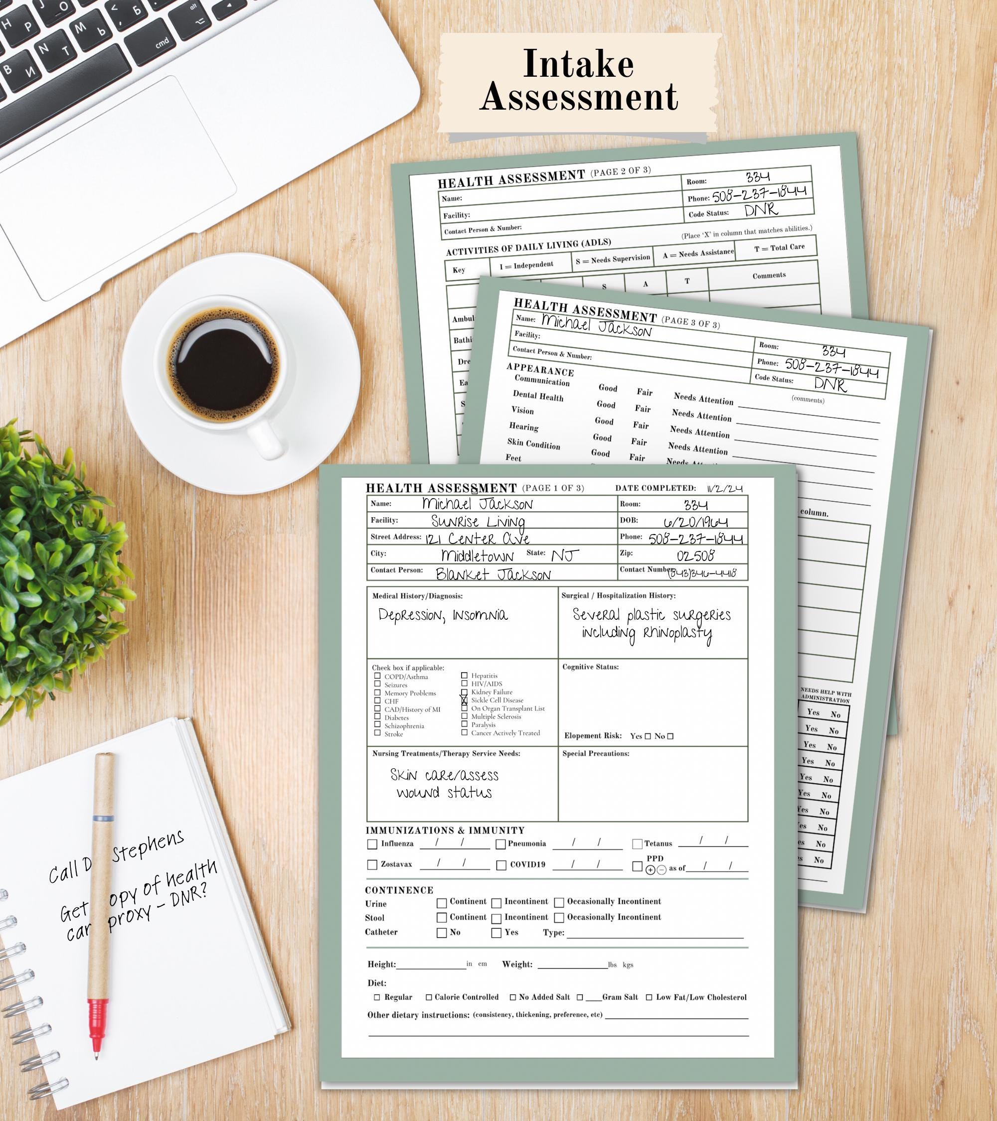 Editable Assisted Living Intake Forms: Nursing Home Resident Assessment ...