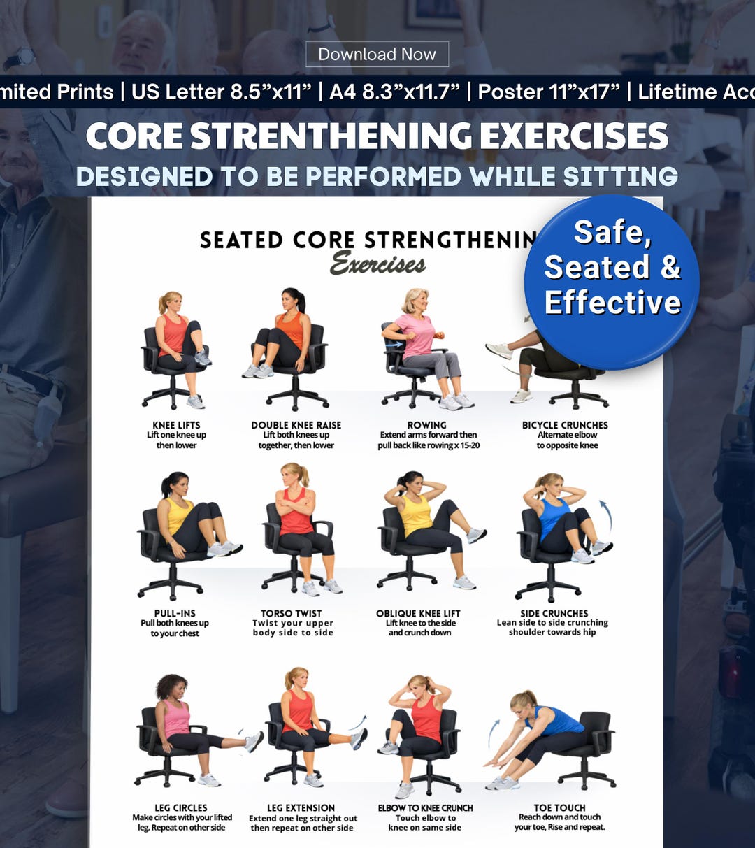 Chair Exercises for Core Strengthening Printable | 16 Seated Abdominal ...
