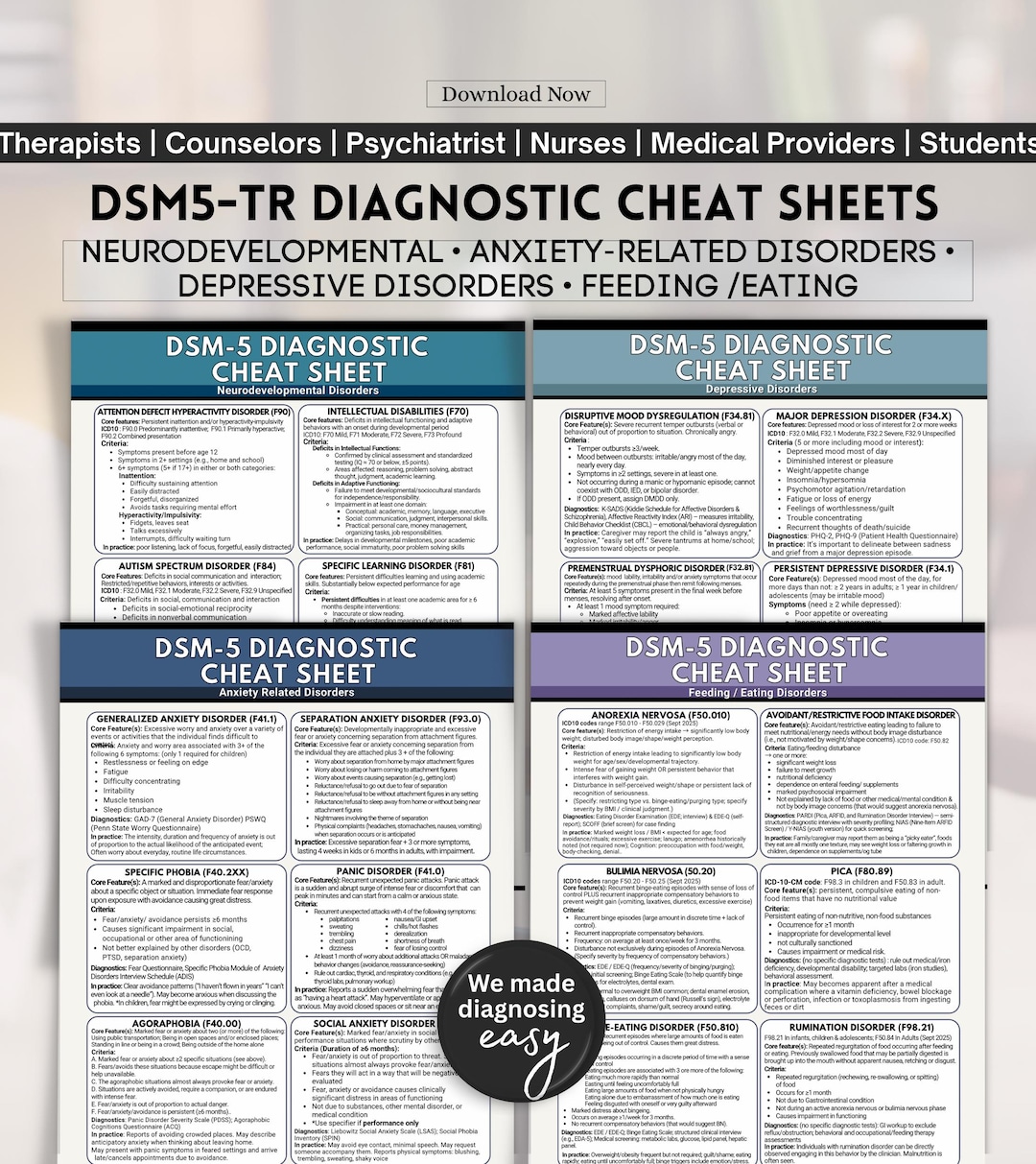 DSM-5 Diagnostic Criteria Aligned Cheat Sheet Printable, Therapist ...