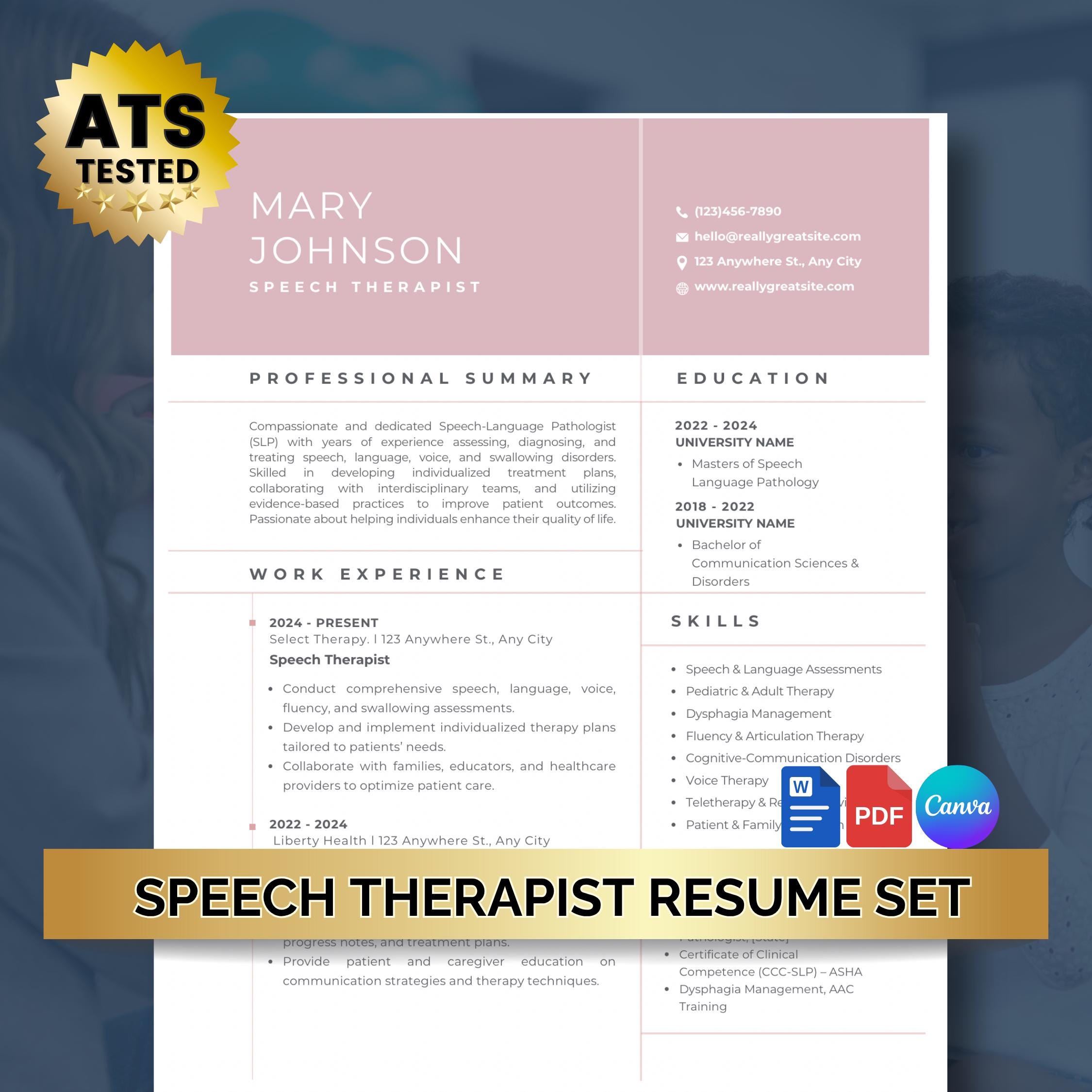Speech Therapy Resume Template, Speech Therapist Resume Cover Letter ...