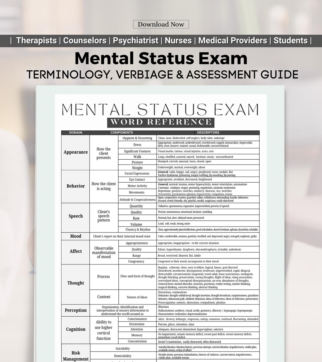 Mental Status Exam Word Reference & Process Guide, MSE Therapist Quick ...