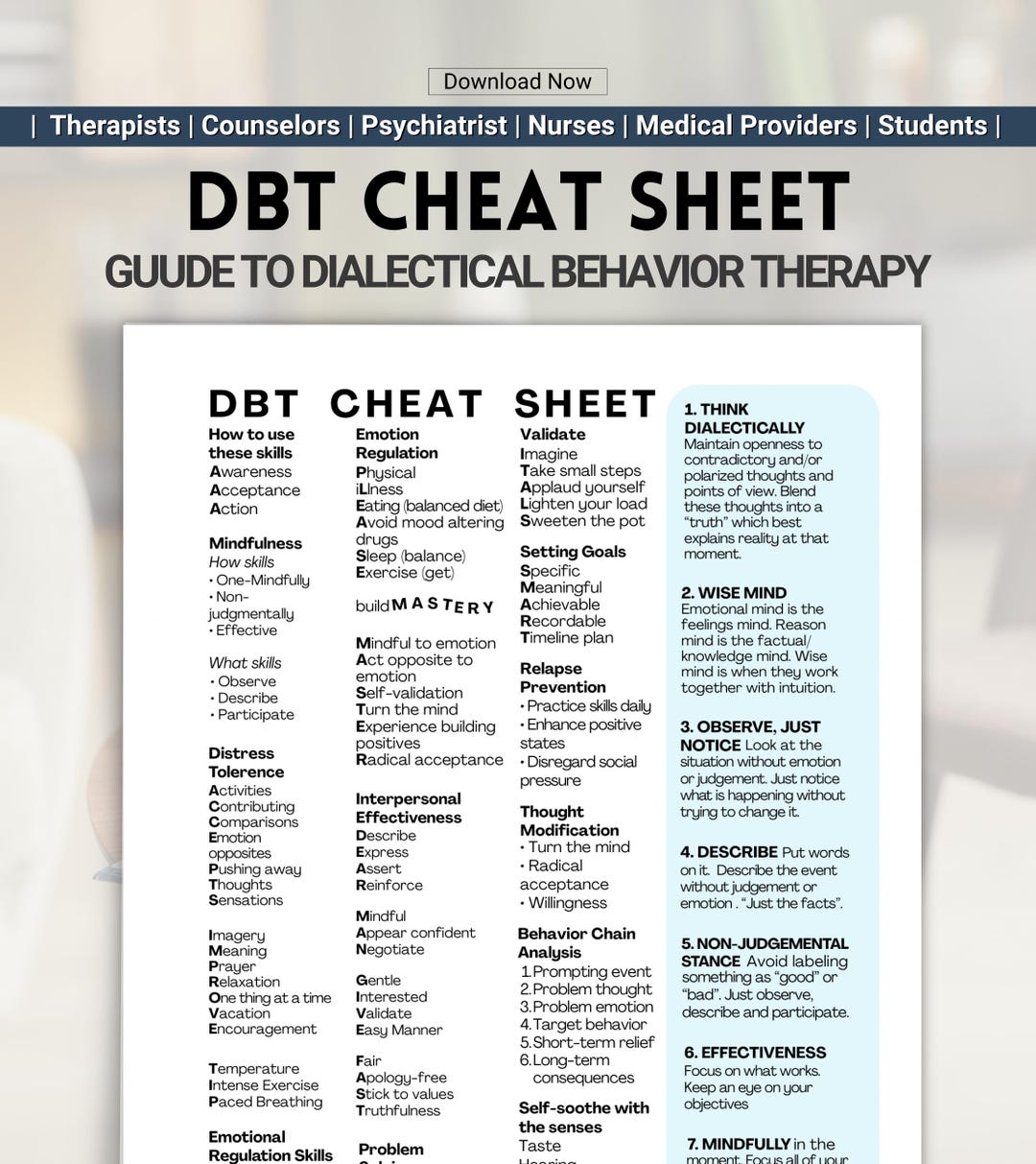 DBT Cheat Sheet, Dialectical Behavior Therapy, Therapist Tool (PDF ...