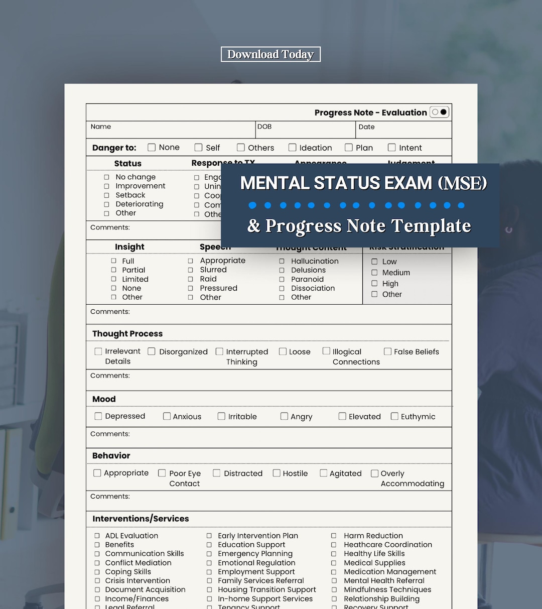 Mental Status Exam MSE Template, Printable Psychiatric Progress Note ...