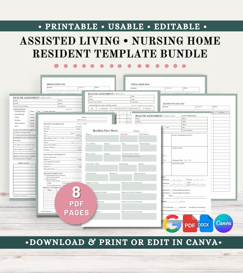 Editable Assisted Living Intake Forms: Nursing Home Resident Assessment ...