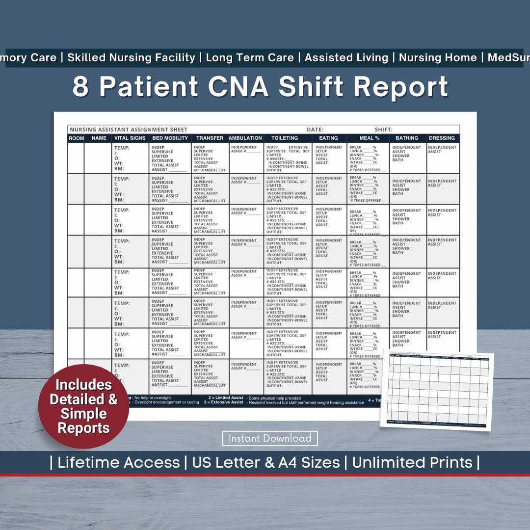 8 Patient CNA Report Sheet | PCT Nursing Assistant Handoff Form | Vital ...