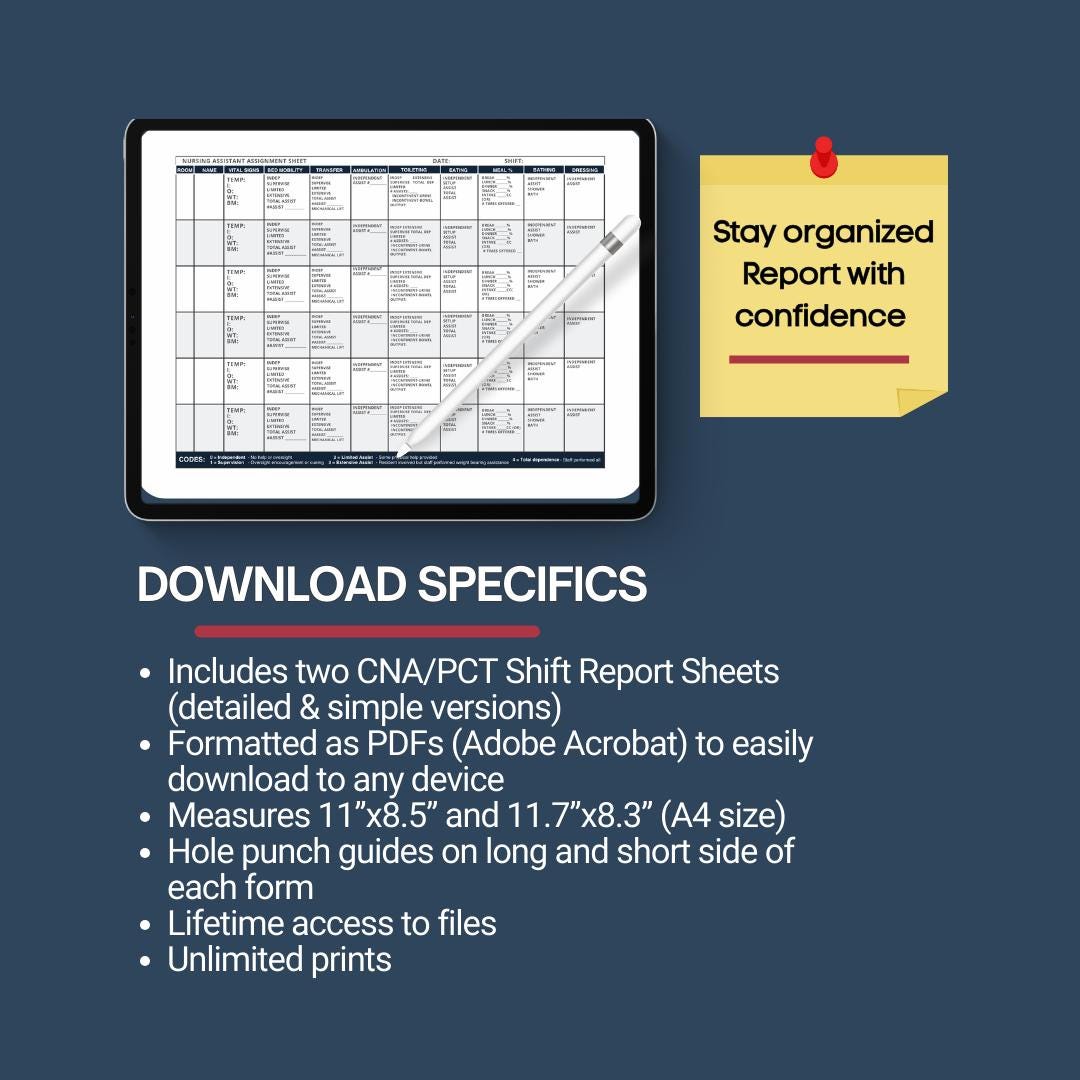 PCT Report Sheet | CNA Reporting Template Printable | Adls, Vitals ...