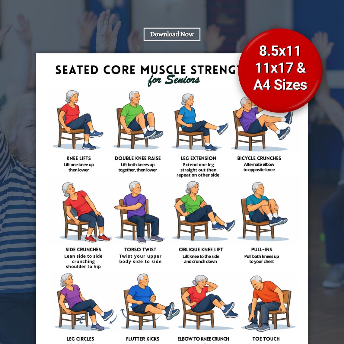 Seated Core Strengthening Exercises for Seniors Poster | 16 Chair ...