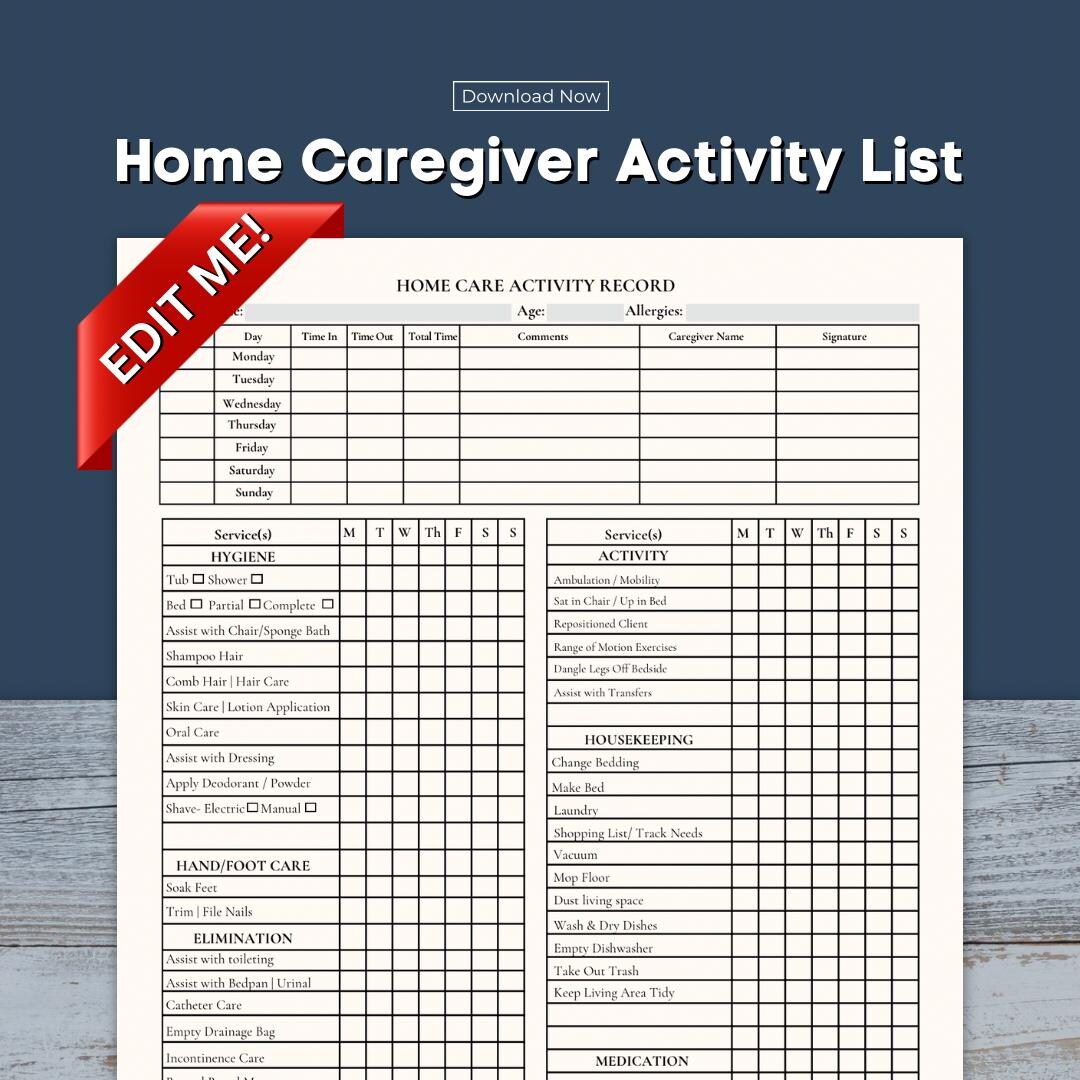 Caregiver Daily Tasks Log, Caregiver Time Worked, Elderly Non Medical ...