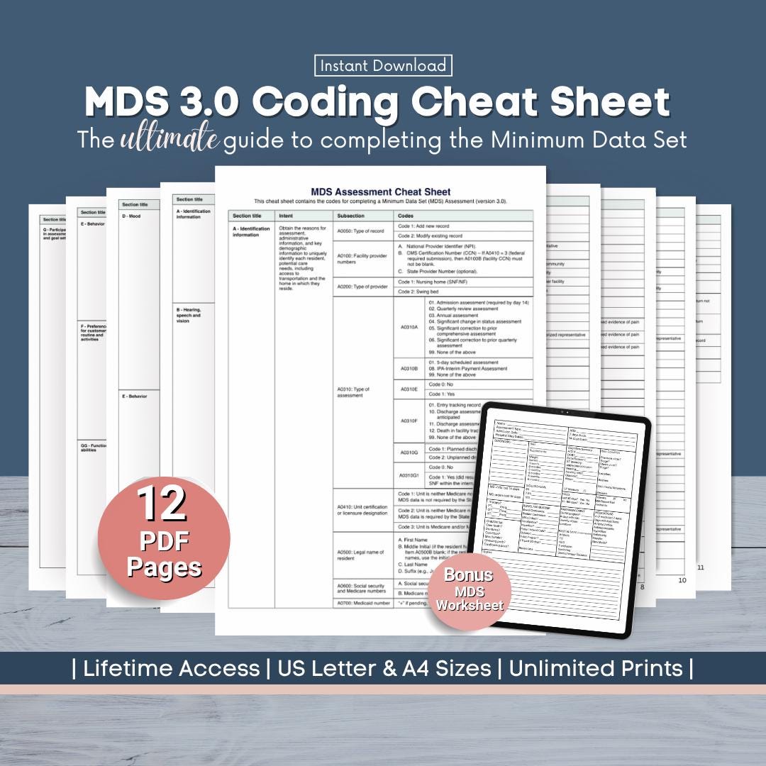 MDS 3.0 Assessment & Coding Cheat Sheet | 11-page Long-term Care Coding ...