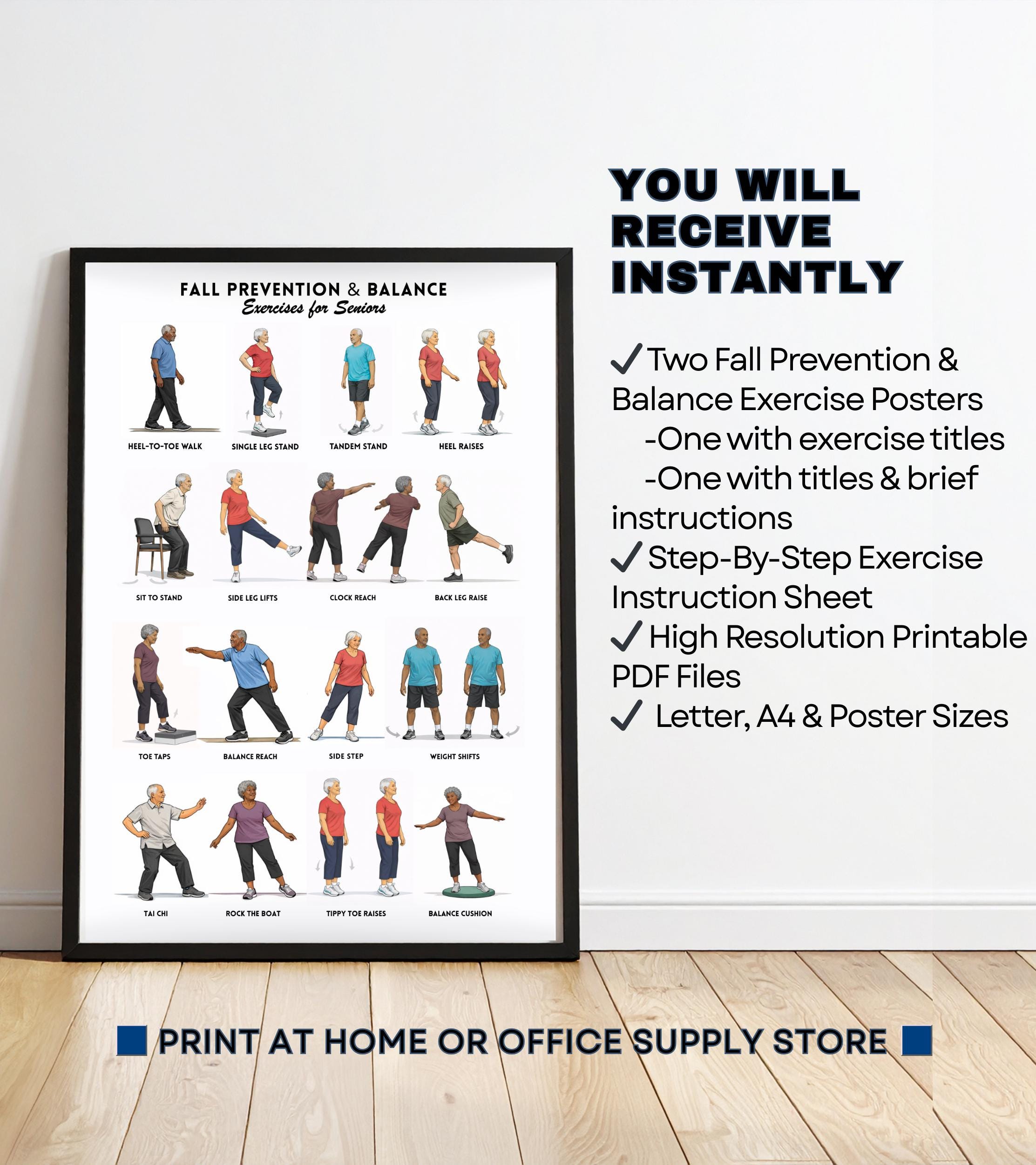 Fall Prevention Balance Exercises for Seniors Poster | 16 Easy ...