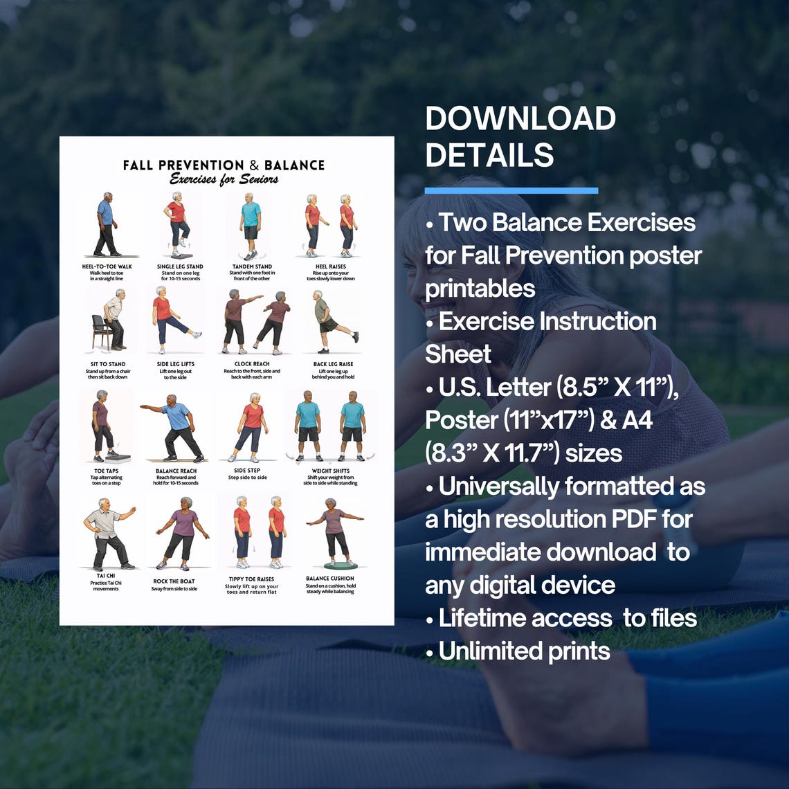 Fall Prevention Balance Exercises for Seniors Poster | 16 Easy ...