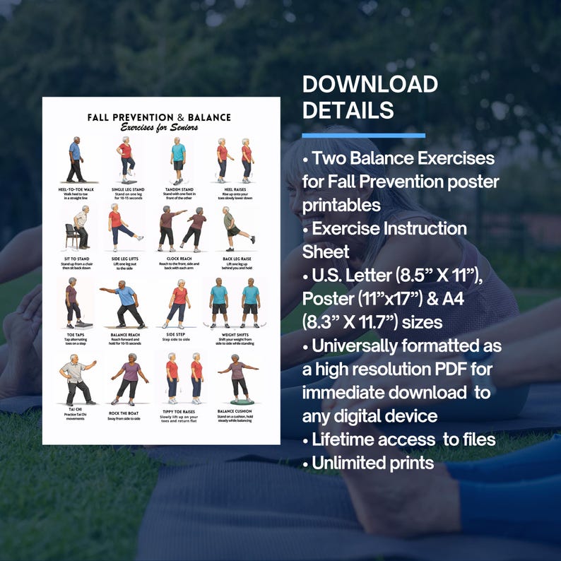 Fall Prevention Balance Exercises for Seniors Poster | 16 Easy ...