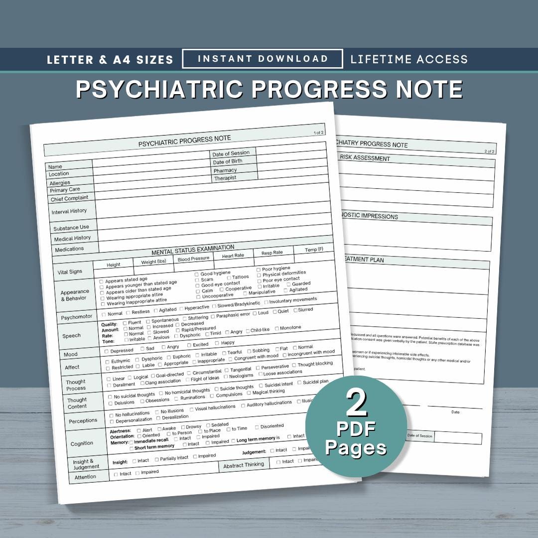 Psychiatric Progress Note, Psychiatry Session Template, Printable ...