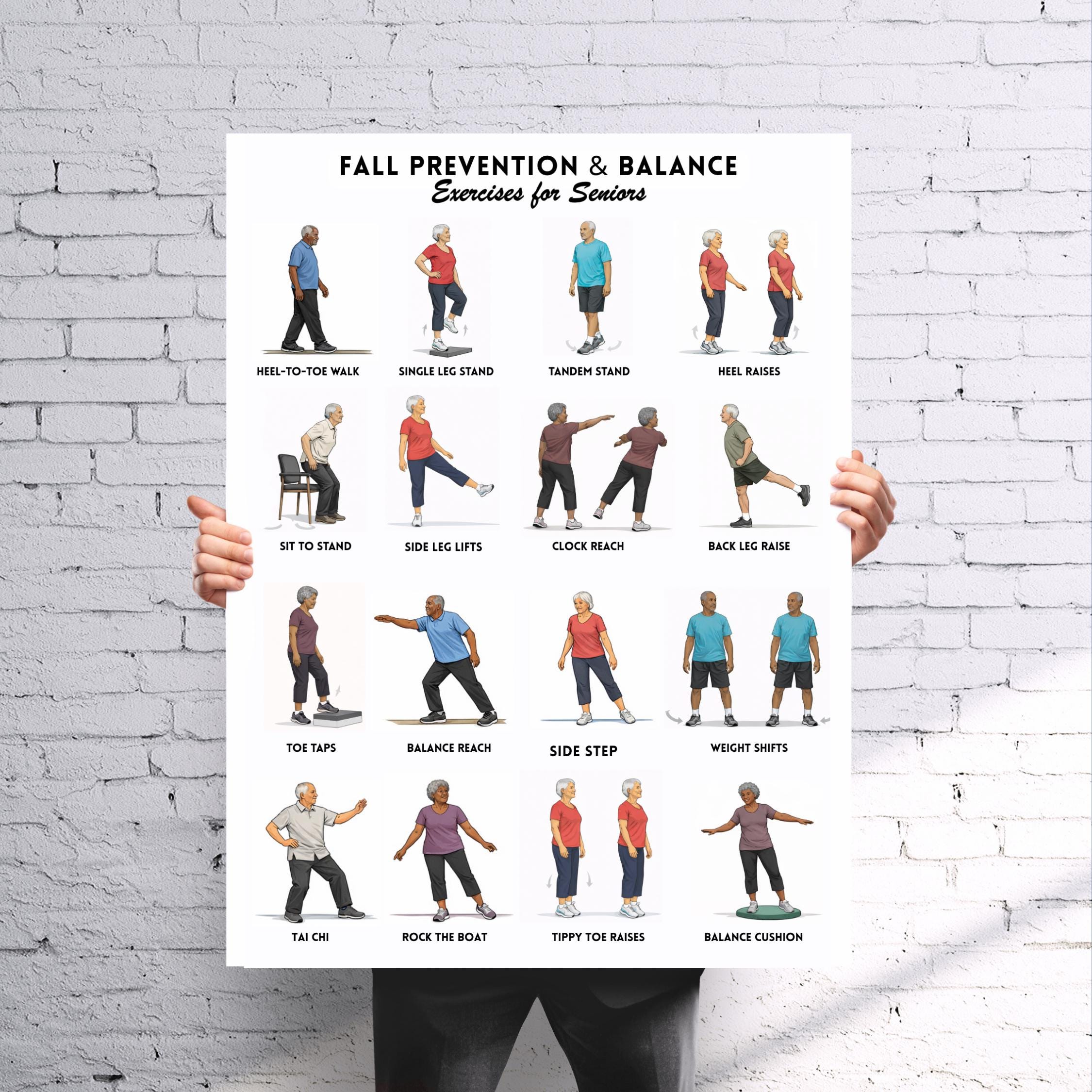 Fall Prevention Balance Exercises for Seniors Poster | 16 Easy ...