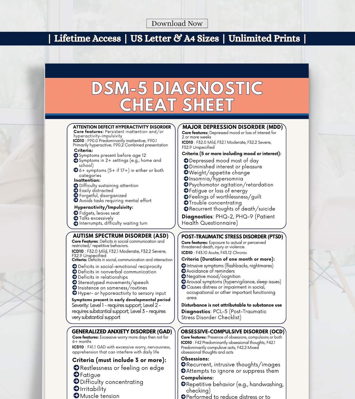 DSM-5 Diagnostic Criteria Aligned Cheat Sheet Printable Therapist Quick ...