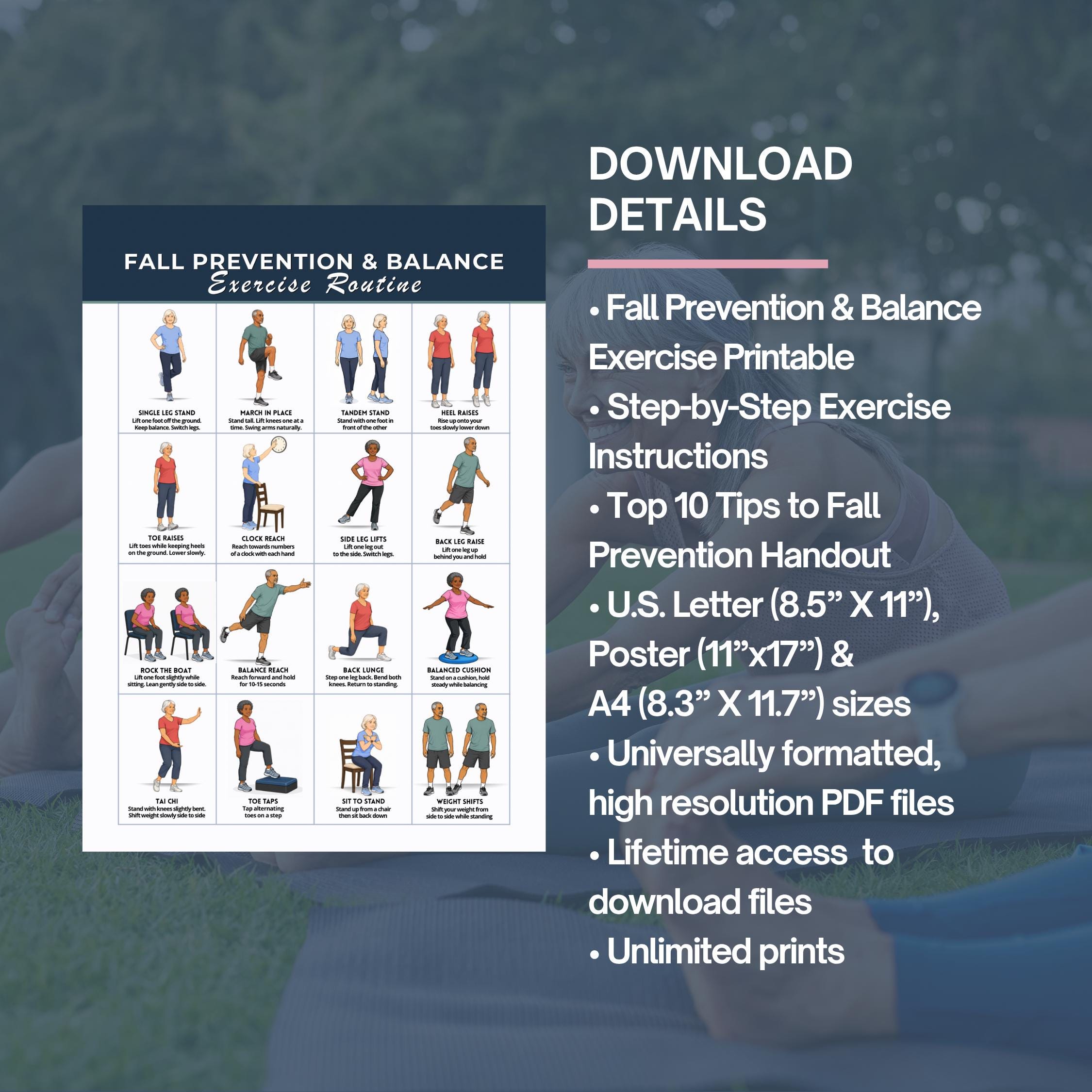 Fall Prevention Balance Exercises for Seniors Poster | 16 Easy ...