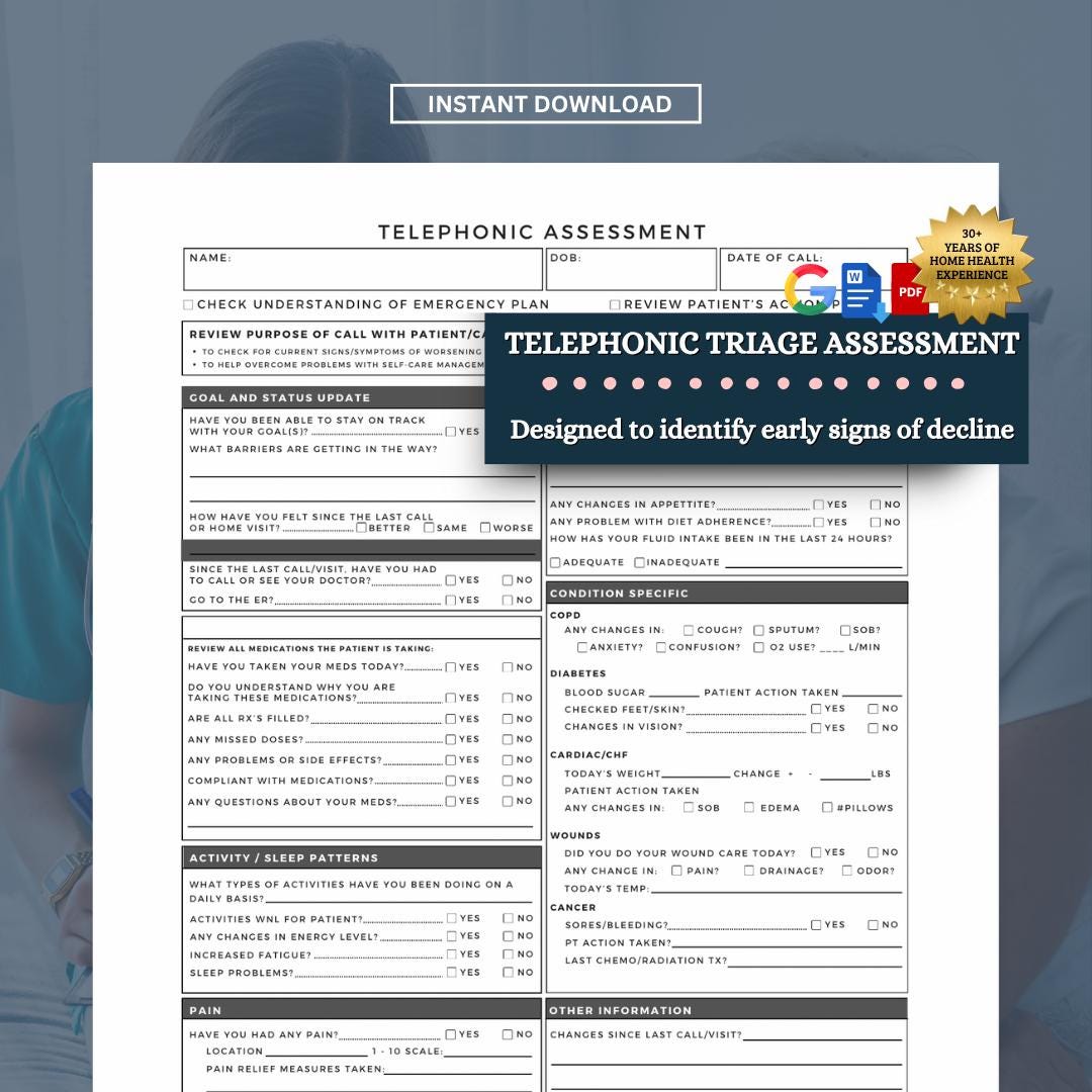 Telephonic Nurse Assessment Form: Telehealth Nursing Triage Call ...